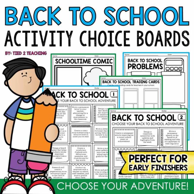 Back to School Activity Choice Boards for Early Finishers - Tied 2 Teaching