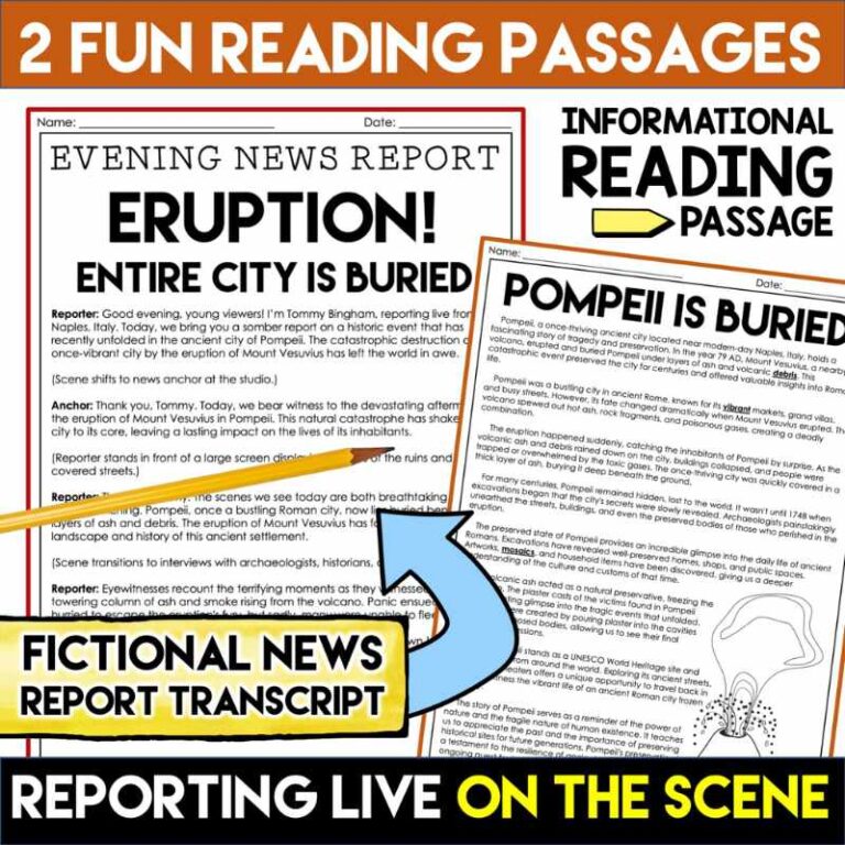 Pompeii Reading Passage Evening News Report and Activities - Tied 2 ...