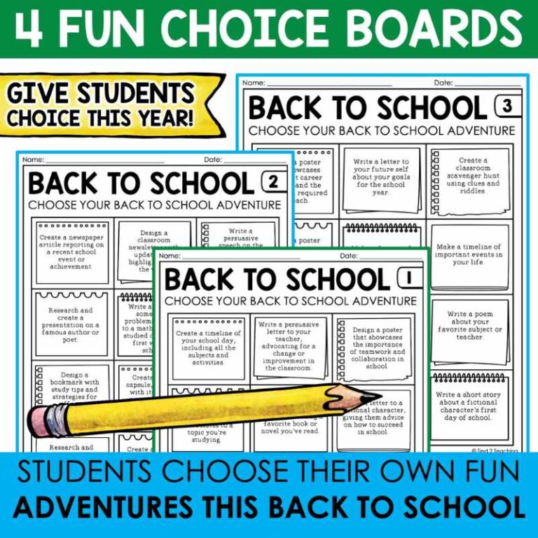Back to School Activity Choice Boards for Early Finishers - Tied 2 Teaching