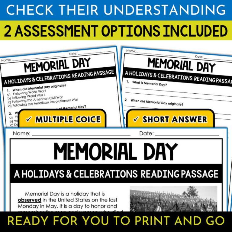 Memorial Day Nonfiction Reading Comprehension Passage and Questions ...