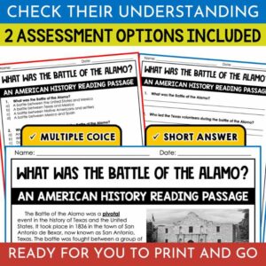 Battle of the Alamo Reading Passage and Questions Texas Revolution ...