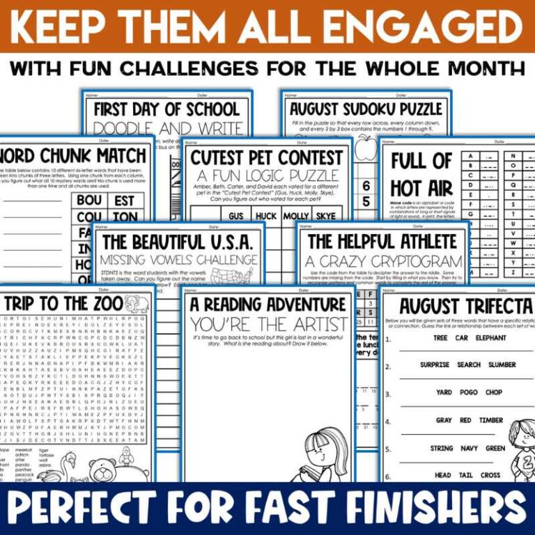 August Back to School Early Finishers Puzzles and Word Search Packet ...