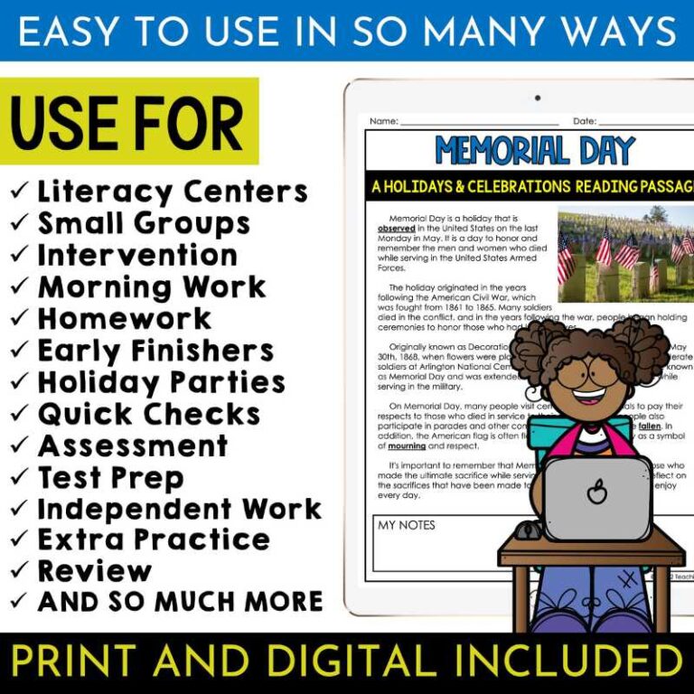 Memorial Day Nonfiction Reading Comprehension Passage and Questions ...