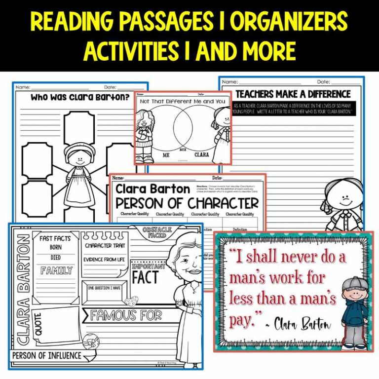 Clara Barton Biography Pack Reading Passages Poster Graphic Organizers ...