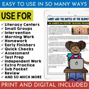 Battle of the Alamo Reading Passage and Questions Texas Revolution ...