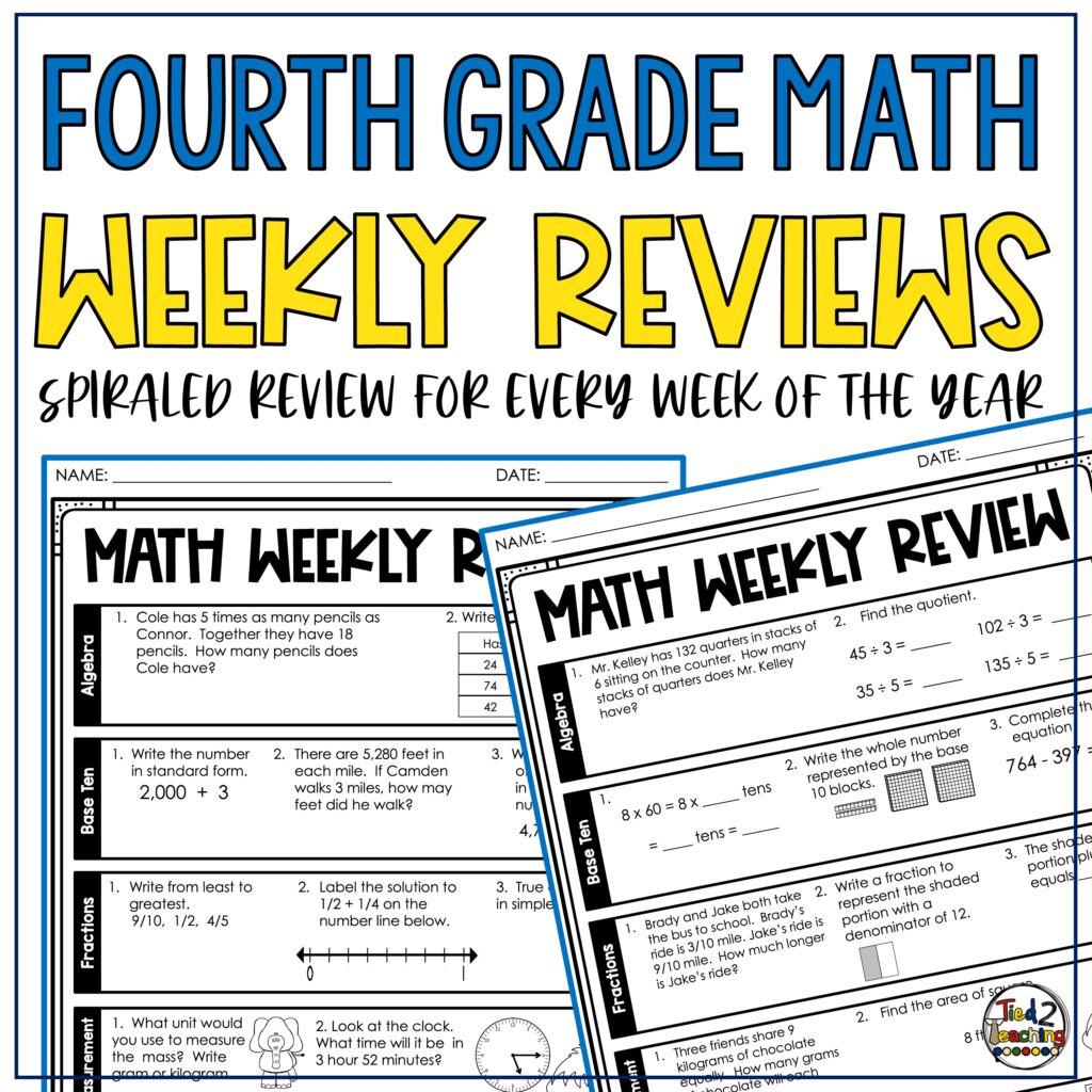 4th Grade Math Packet Weekly Spiraled Review Worksheets Homework ...