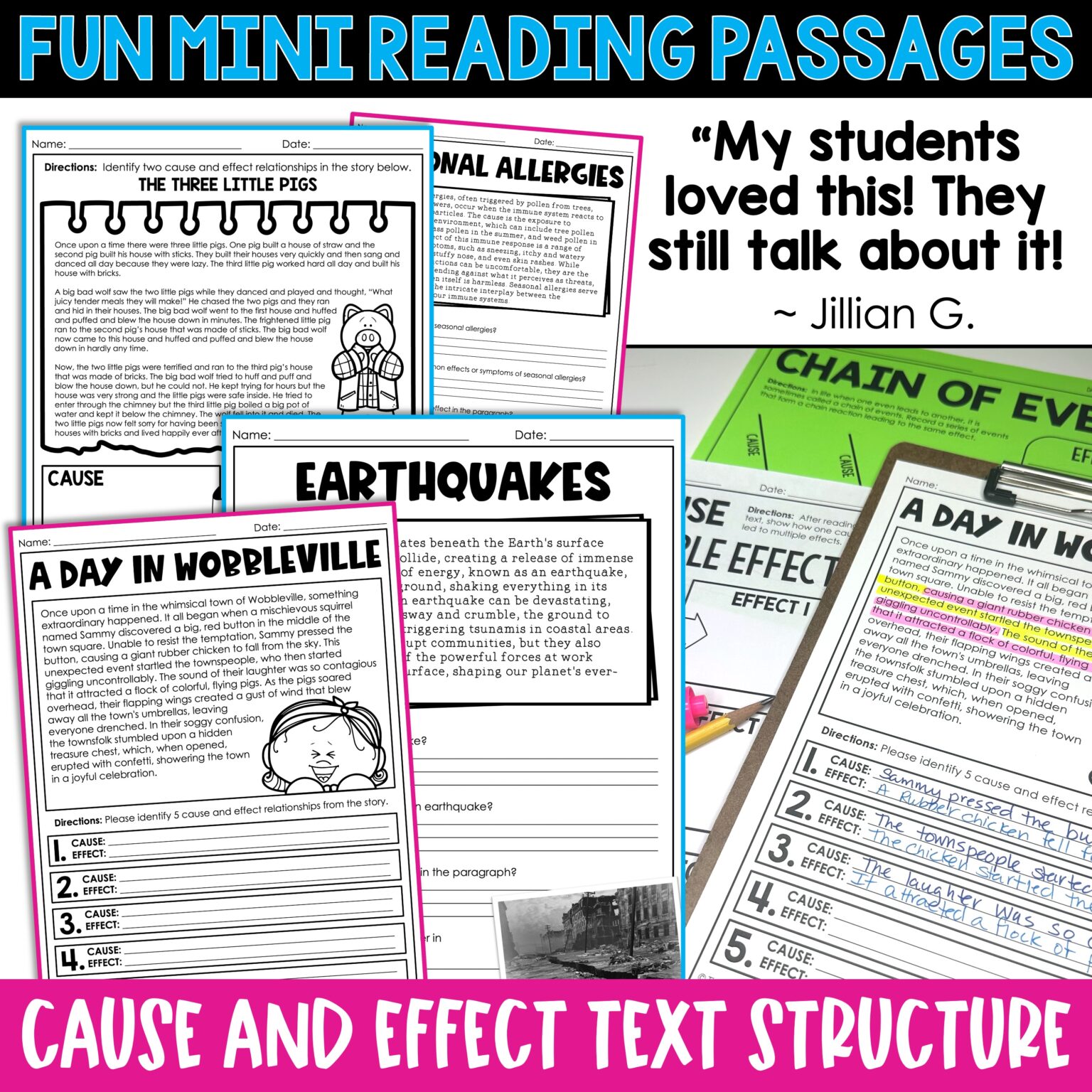 Cause & Effect Text Structure Practice Passages Task Cards Posters ...